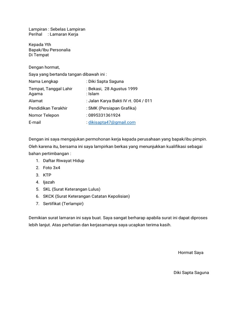 Surat Lamaran Dan CV Diki Sapta | PDF