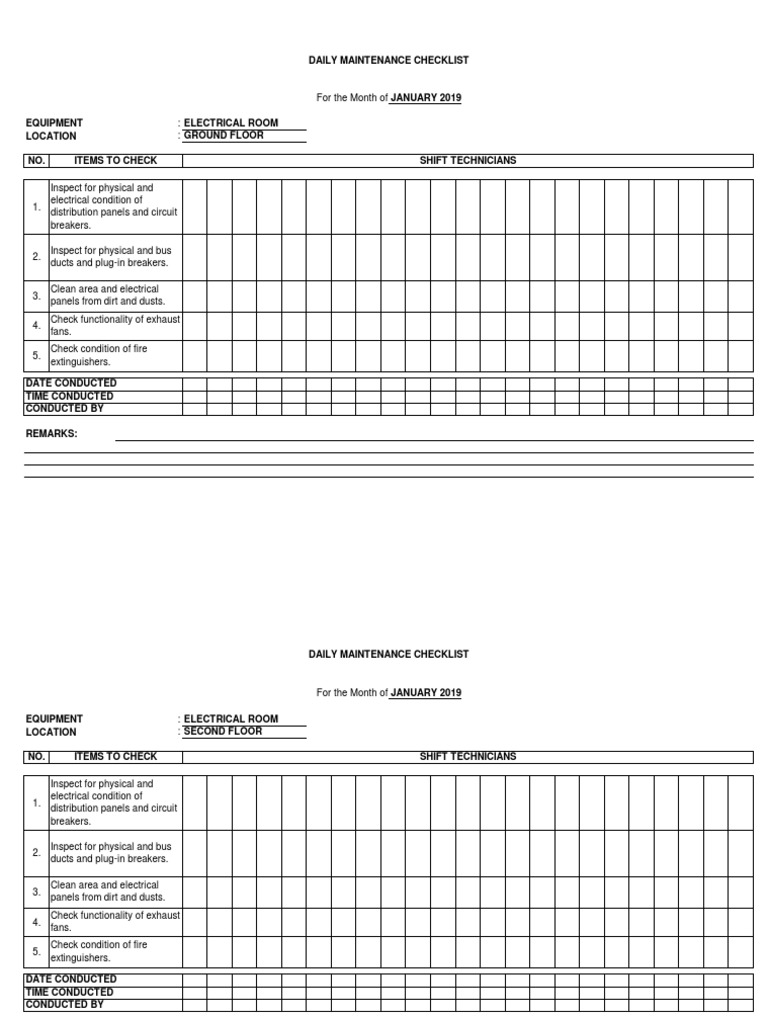 Daily Electrical Maintenance Checklist | PDF | Duct (Flow) | Building ...