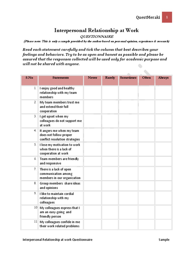 Interpersonal Relationship at Work Questionnaire 2 | PDF ...