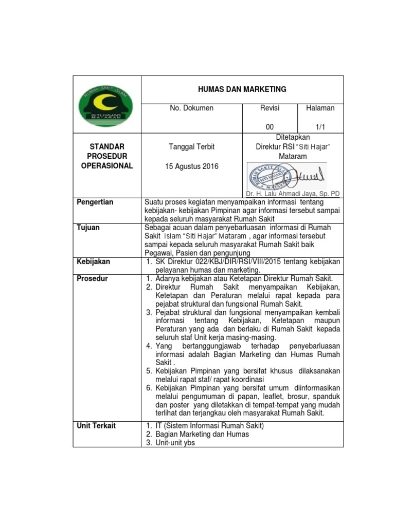 SOP Pemasaran Rumah Sakit Siti Hajar | PDF