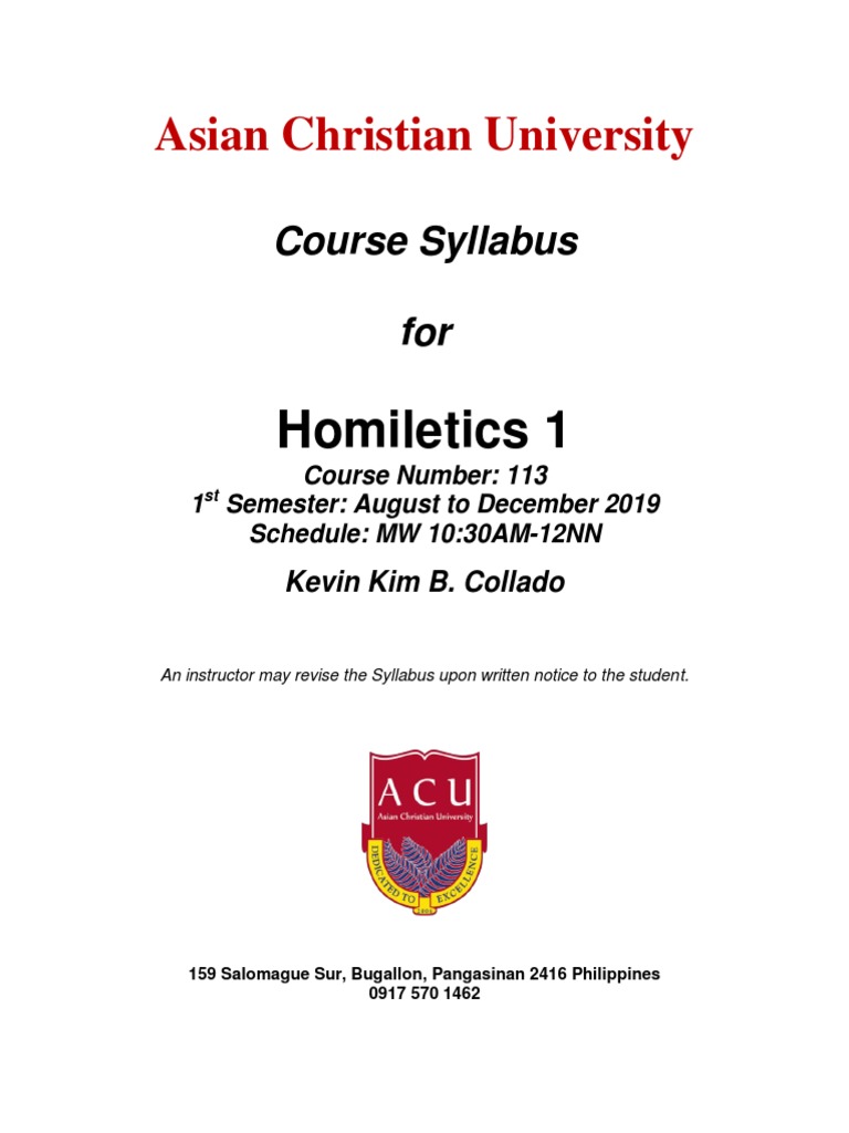 Homiletics 1 Course Syllabus | PDF | Sermon | Syllabus