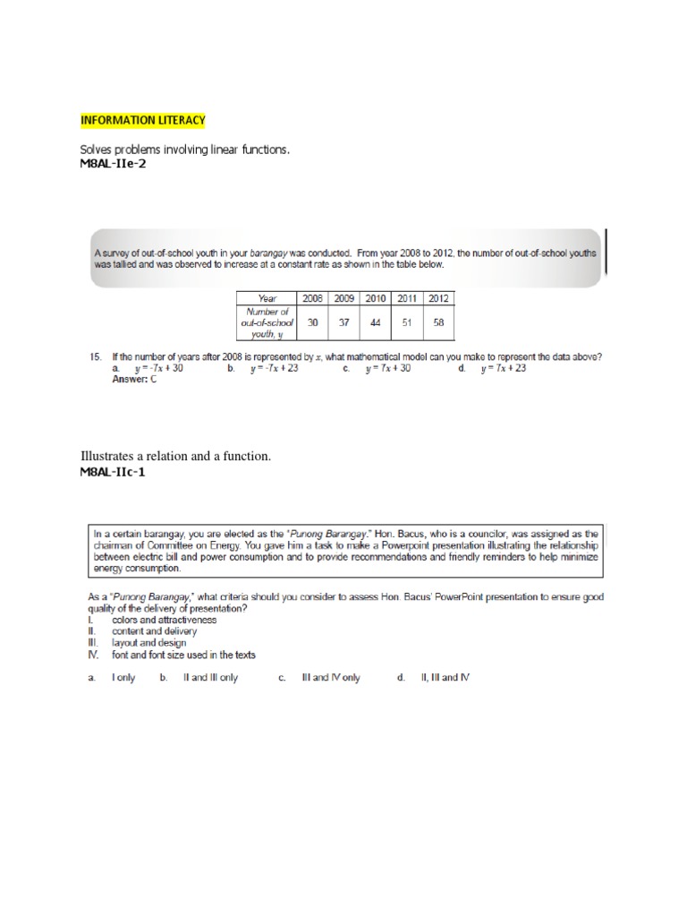 Information Literacy: Solves Problems Involving Linear Functions | PDF