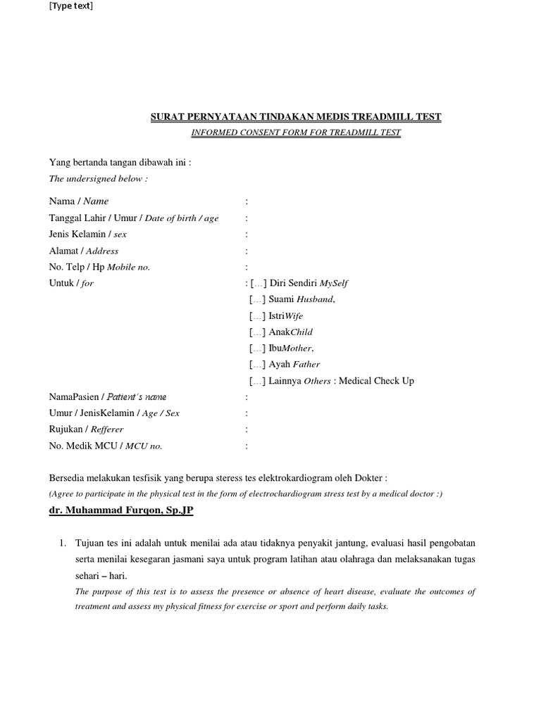 Informed Consent untuk Treadmill Test | PDF