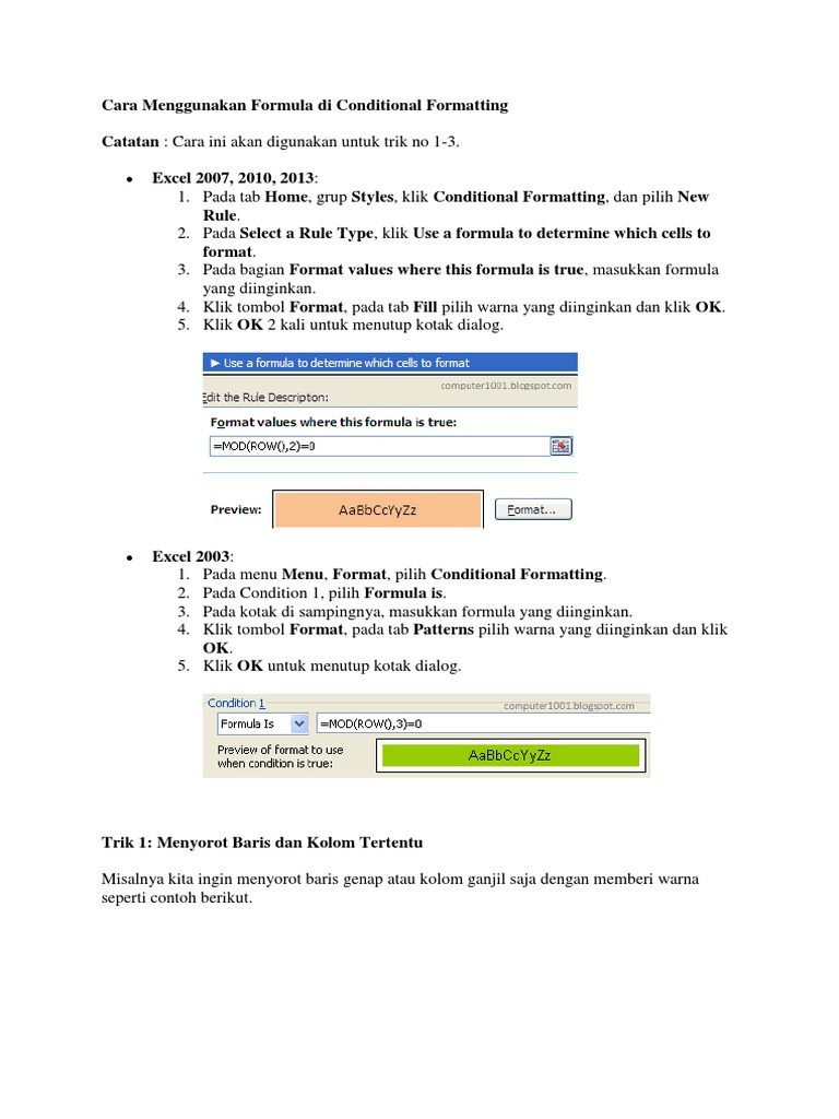 Cara Menggunakan Formula Di Conditional Formatting | PDF