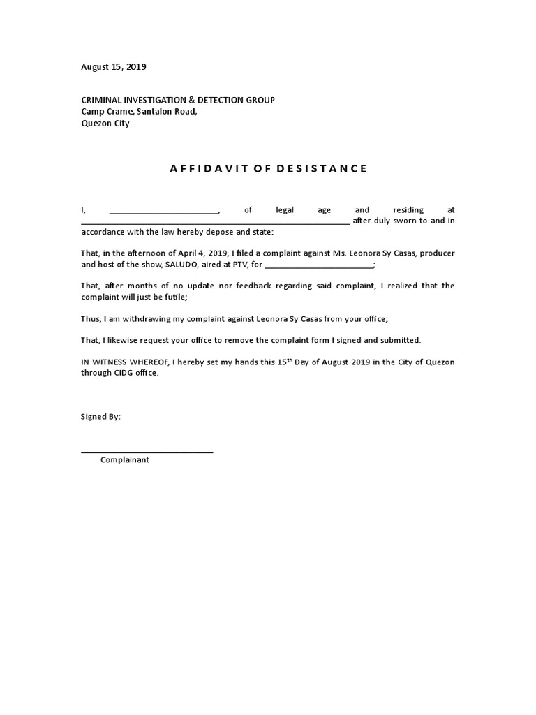 Affidavit of Desistance Template | PDF | Social Science