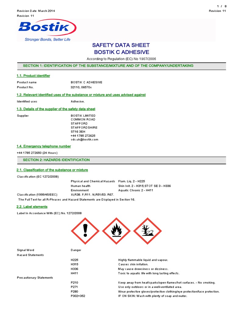 Bostik C Adhesive Safety Data Sheet | PDF | Firefighting | Dangerous Goods