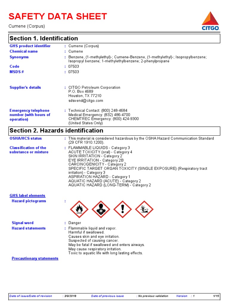 Safety Data Sheet: Section 1. Identification | PDF | Firefighting ...