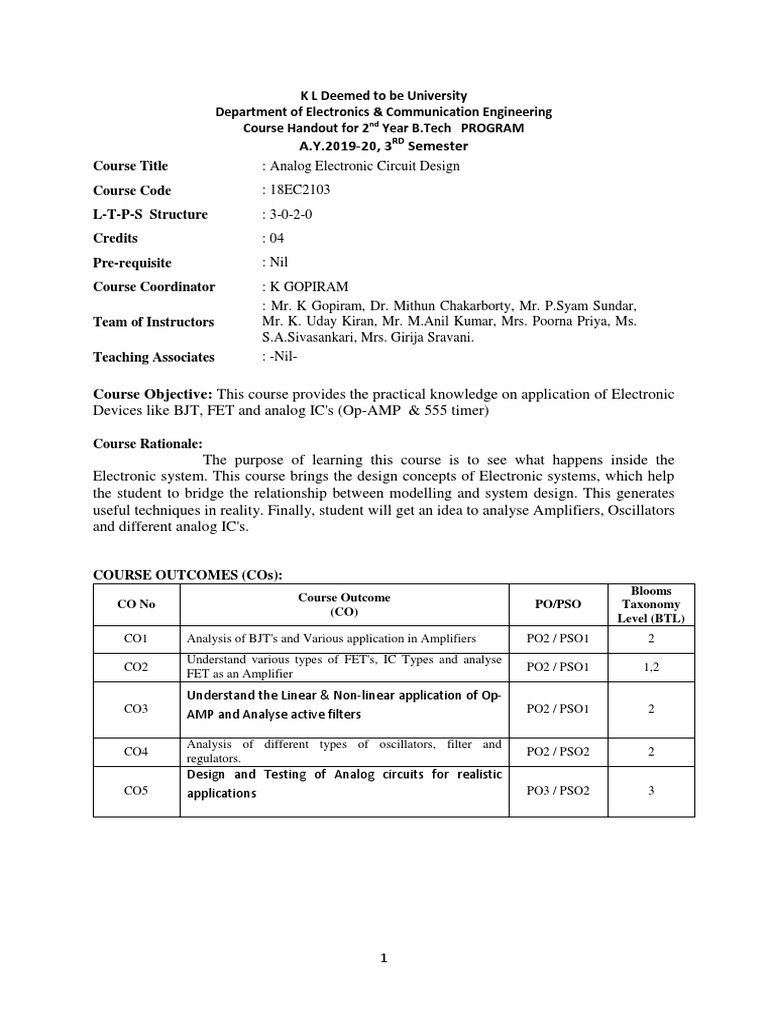 18EC2103 AECD Course Handout 2019 - 20-Signed | PDF | Amplifier ...