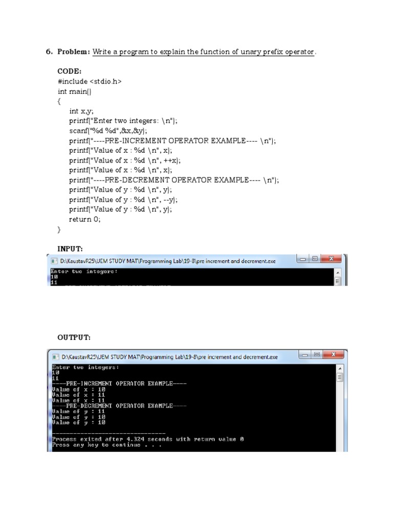 Problem Write A Program To Explain The Function Of Unary Prefix Operator Code Pdf Integer
