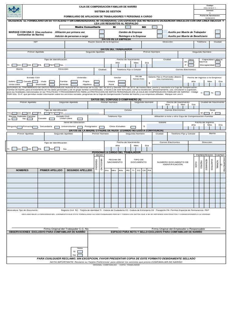 Formulario Confamiliar | PDF | Instituciones sociales | Ciencias sociales