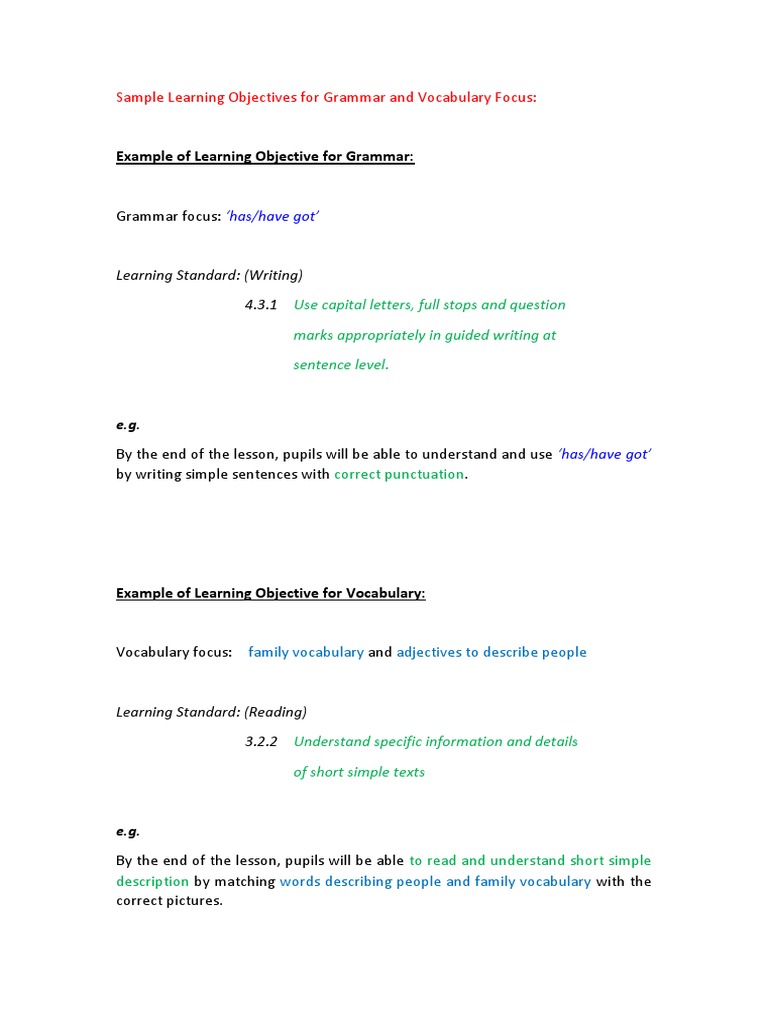 Sample Learning Objectives For Grammar and Vocabulary Focus | PDF ...