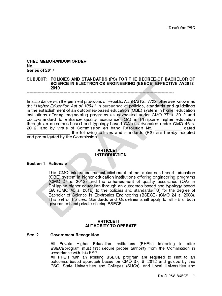 Draft PSG For The Degree of Bachelor of Science in Electronics Engineering BSECE Effective AY ...