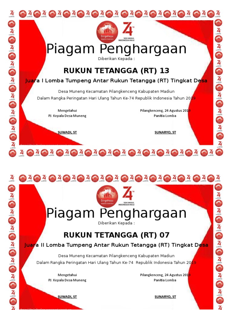 Piagam Penghargaan Lomba RT 2019 | PDF