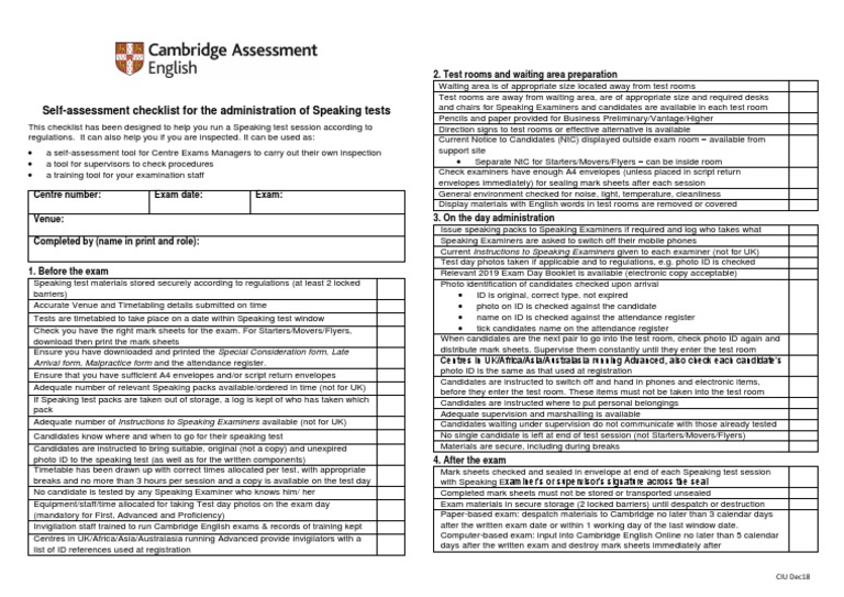 Speaking Test Administration Checklist | PDF | Envelope | Test (Assessment)