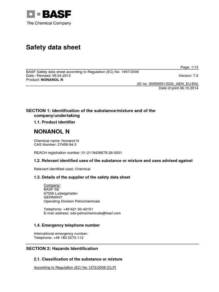Safety Data Sheet: Nonanol N | PDF | Toxicity | Safety