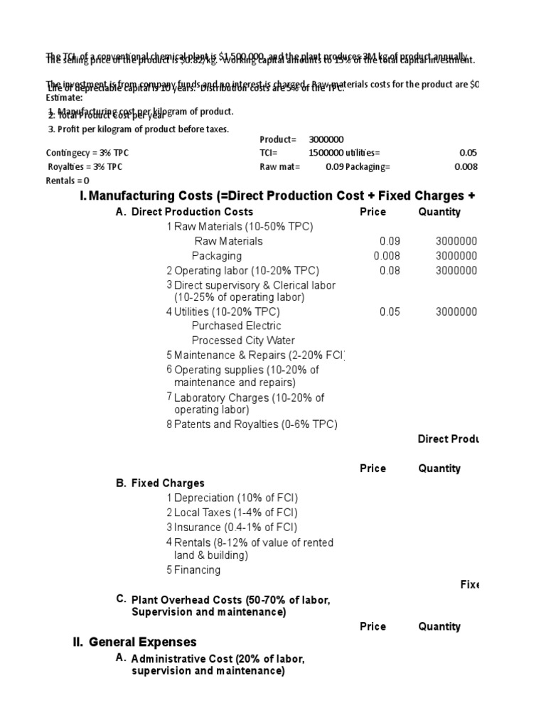 I. Manufacturing Costs ( Direct Production Cost + Fixed Charges + Plant ...