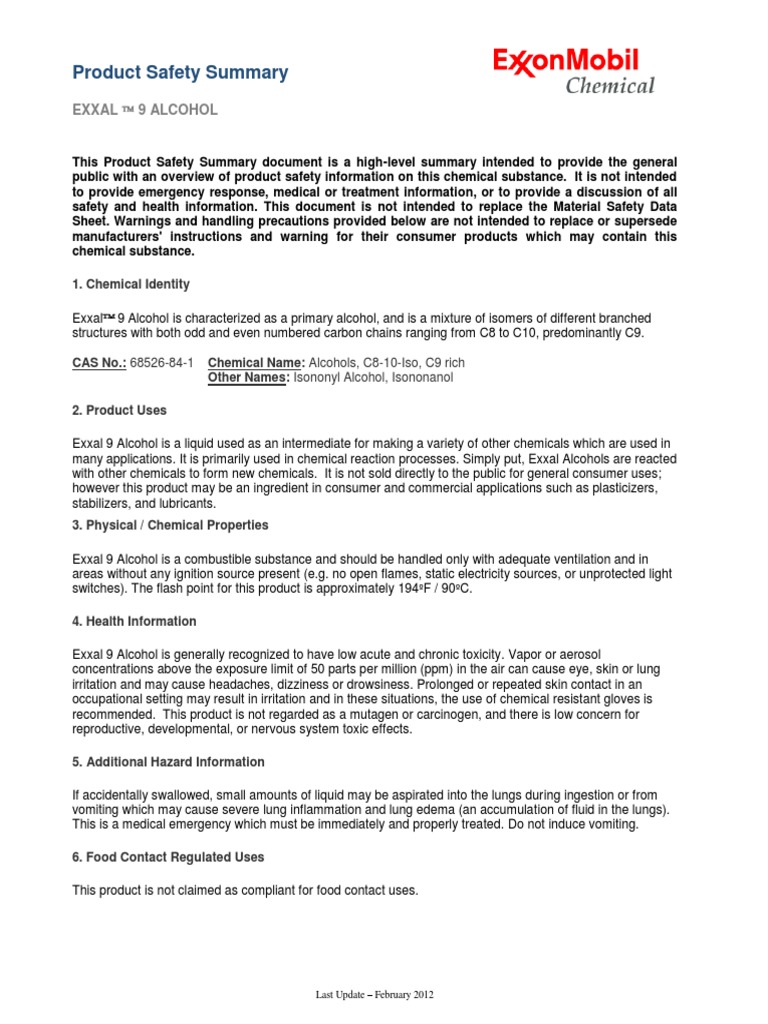 Exxal 9 Alcohol Product Safety Summary | PDF | Chemical Substances ...
