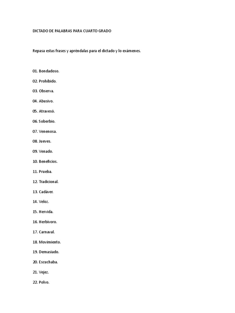 Dictado de Palabras para Cuarto Grado