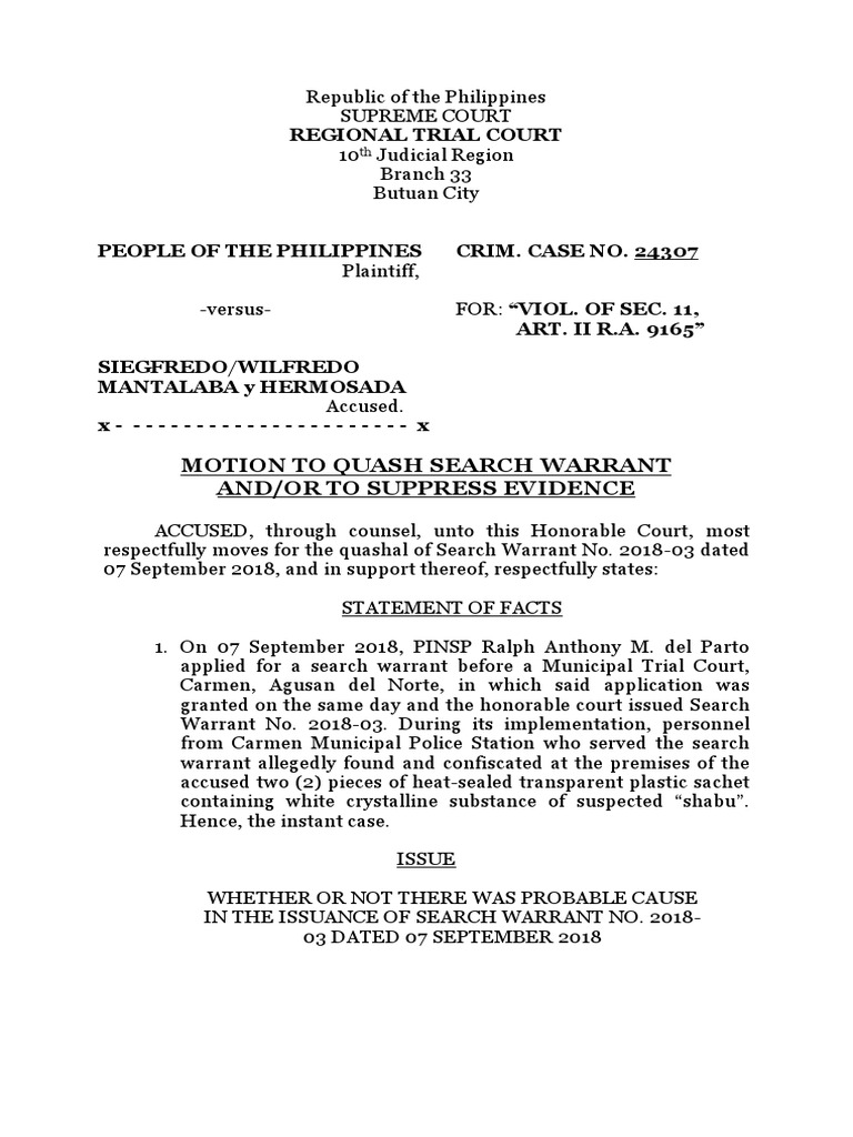 Regional Trial Court: Motion To Quash Search Warrant And/Or To Suppress ...