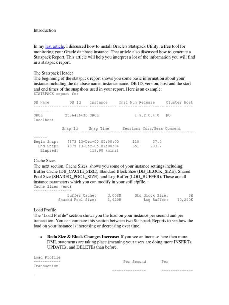 Interpret Statspack Report | PDF | Cpu Cache | Central Processing Unit