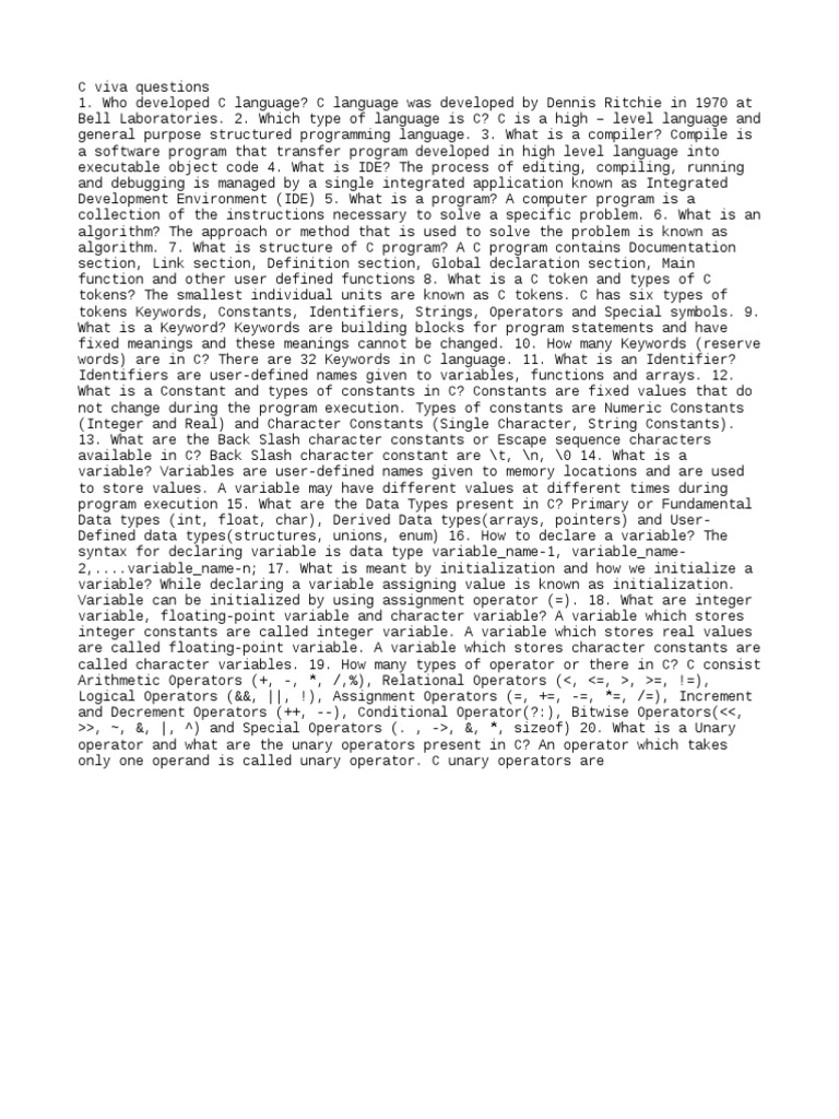 C Language Viva Questions | PDF | C (Programming Language) | Control Flow