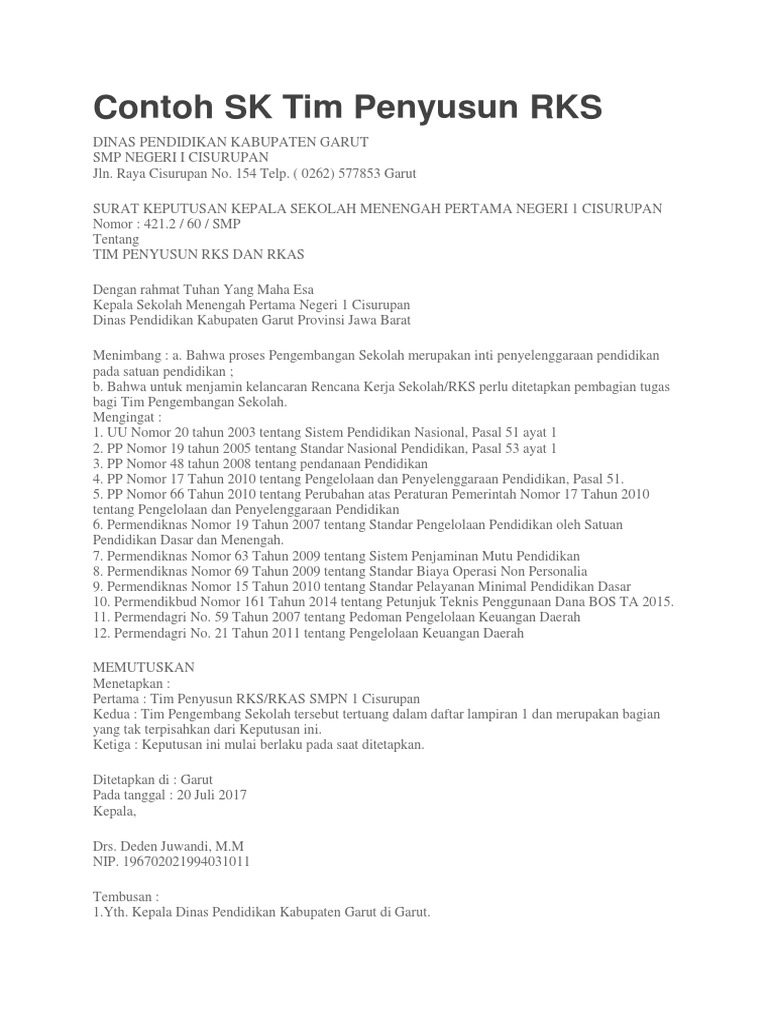 Contoh SK Tim Penyusun RKS SMP | PDF | Karier & Perkembangan | Bisnis