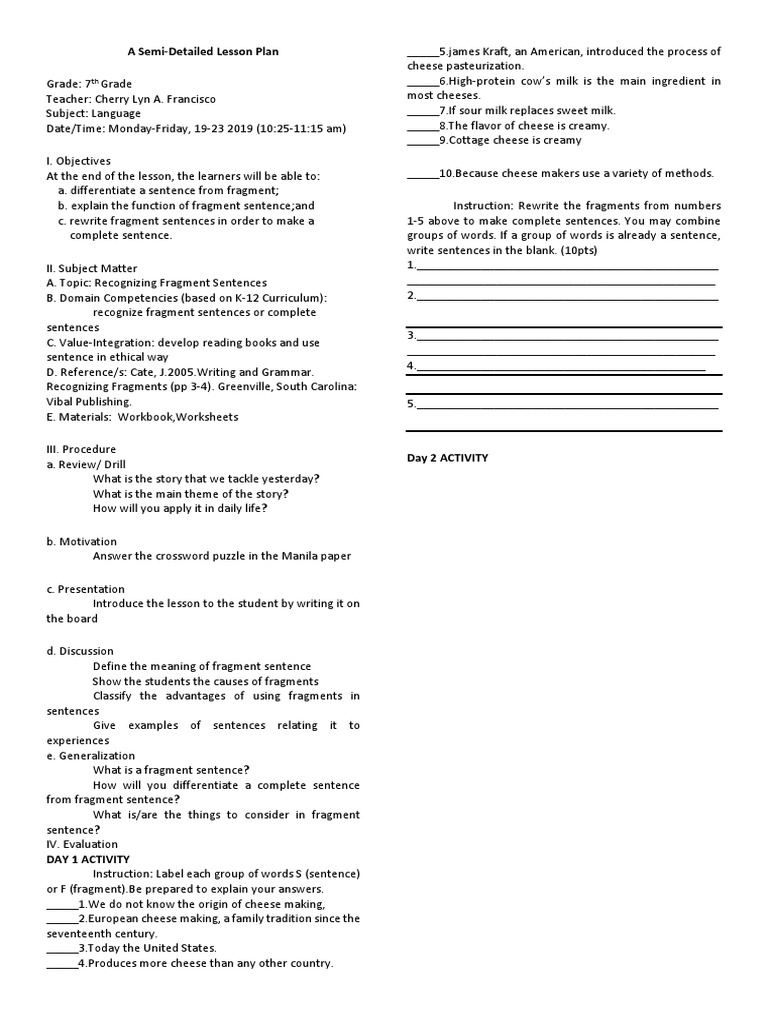 A Semi-Detailed Lesson Plan | PDF | Cheese | Lesson Plan