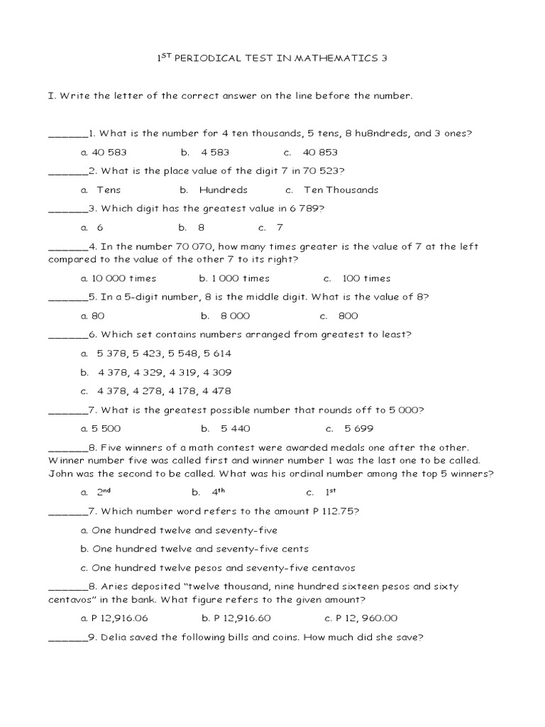 1st Periodical Test in Mathematics 3 | PDF | Subtraction | Numbers