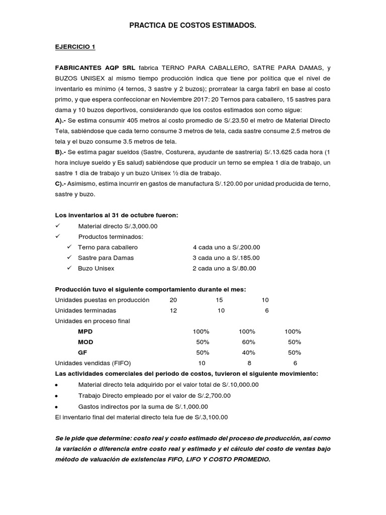 Costos Estimados | PDF | Inventario | Economias