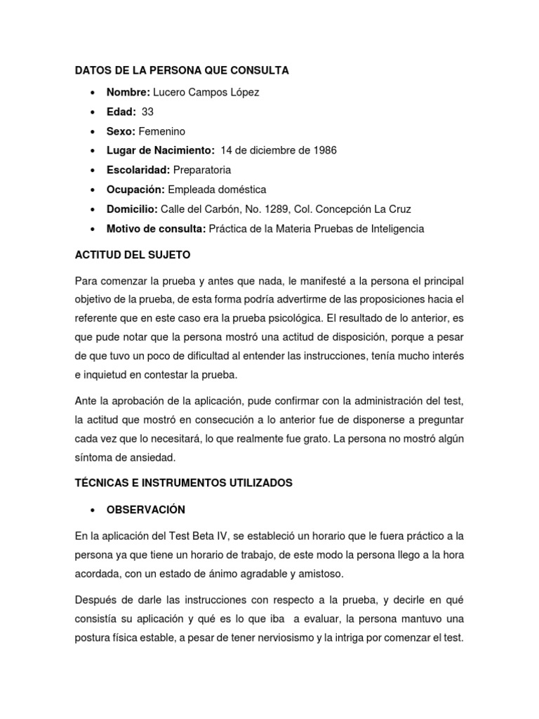 Resultados del Test Beta IV en Lucero | PDF | Inteligencia | Cociente ...