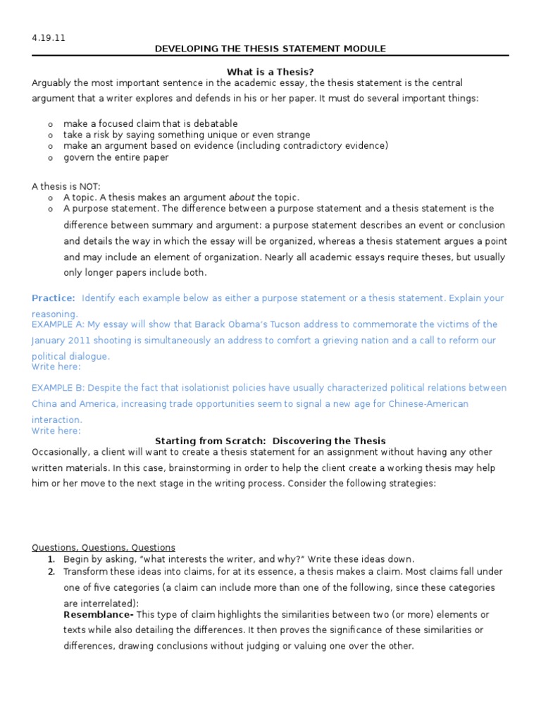 Developing The Thesis Statement Module What Is A Thesis? | PDF | Essays ...