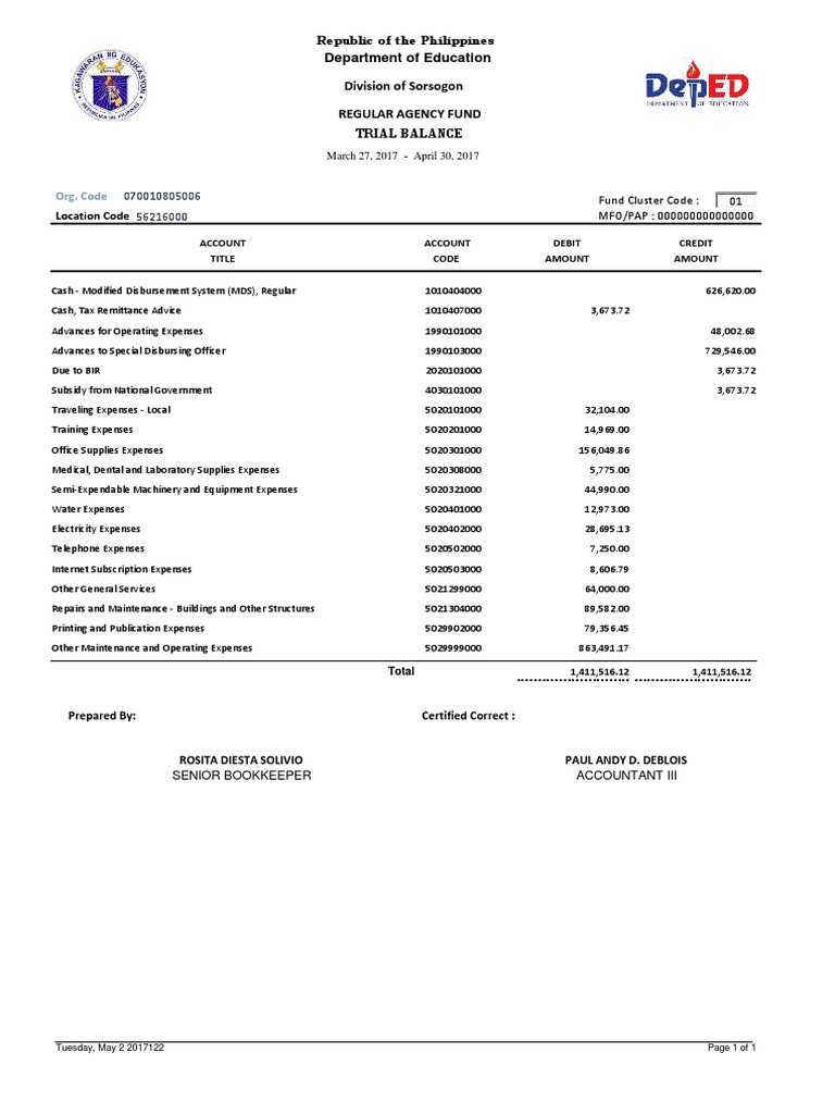 MFO/PAP: 000000000000000 Fund Cluster Code: 01 | PDF | Debits And ...