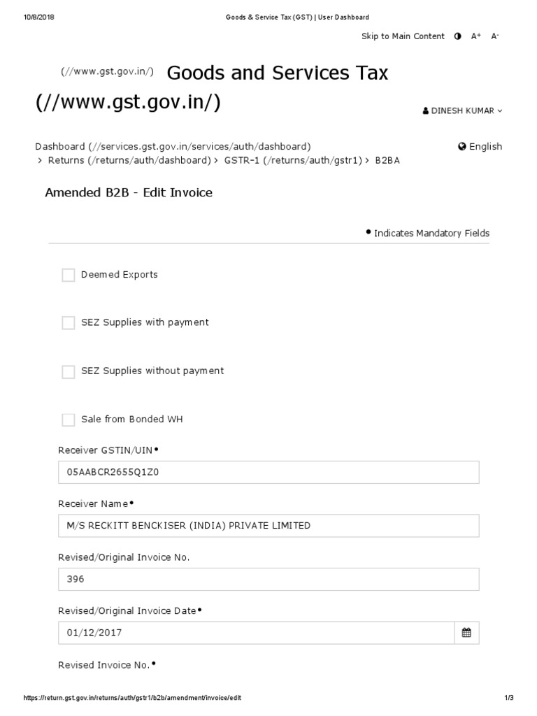 Goods And Services Tax WWW Gst gov In Amended B2B Edit