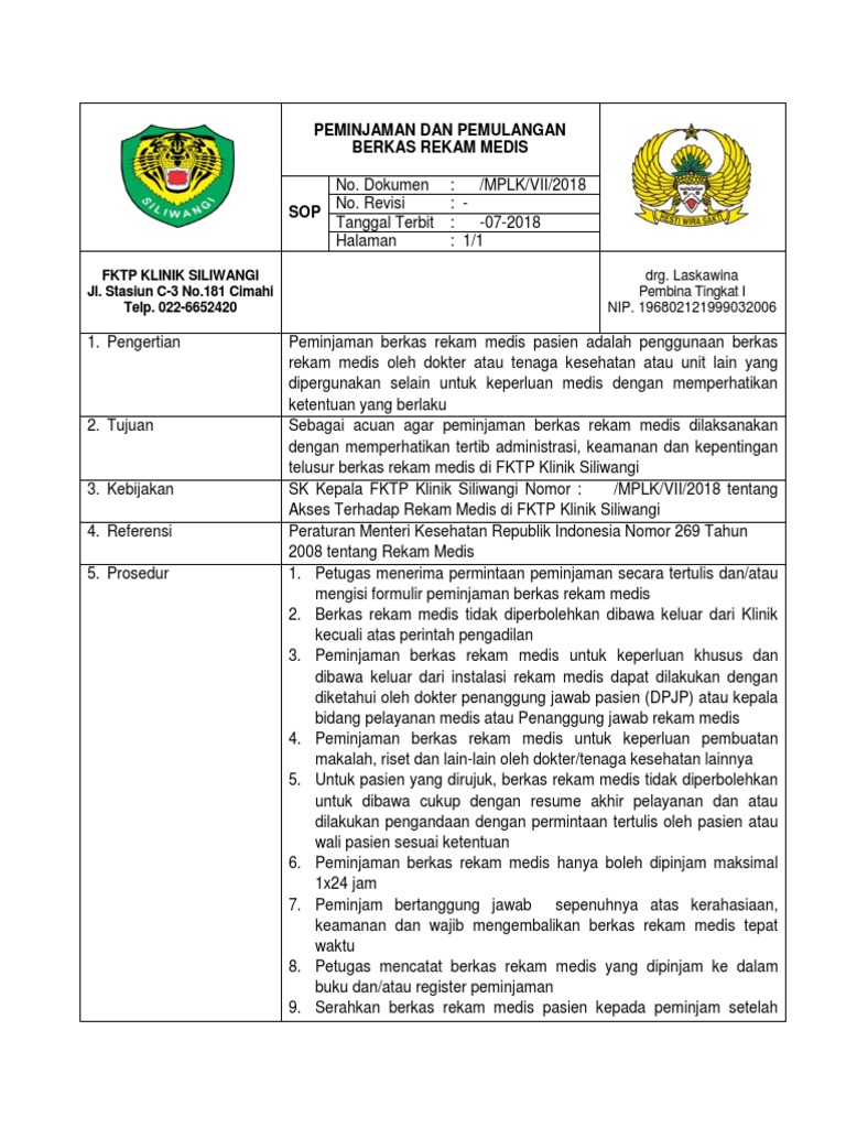 Tambahan SOP Peminjaman Dan Pemulangan Berkas Rekam Medis | PDF | Hukum