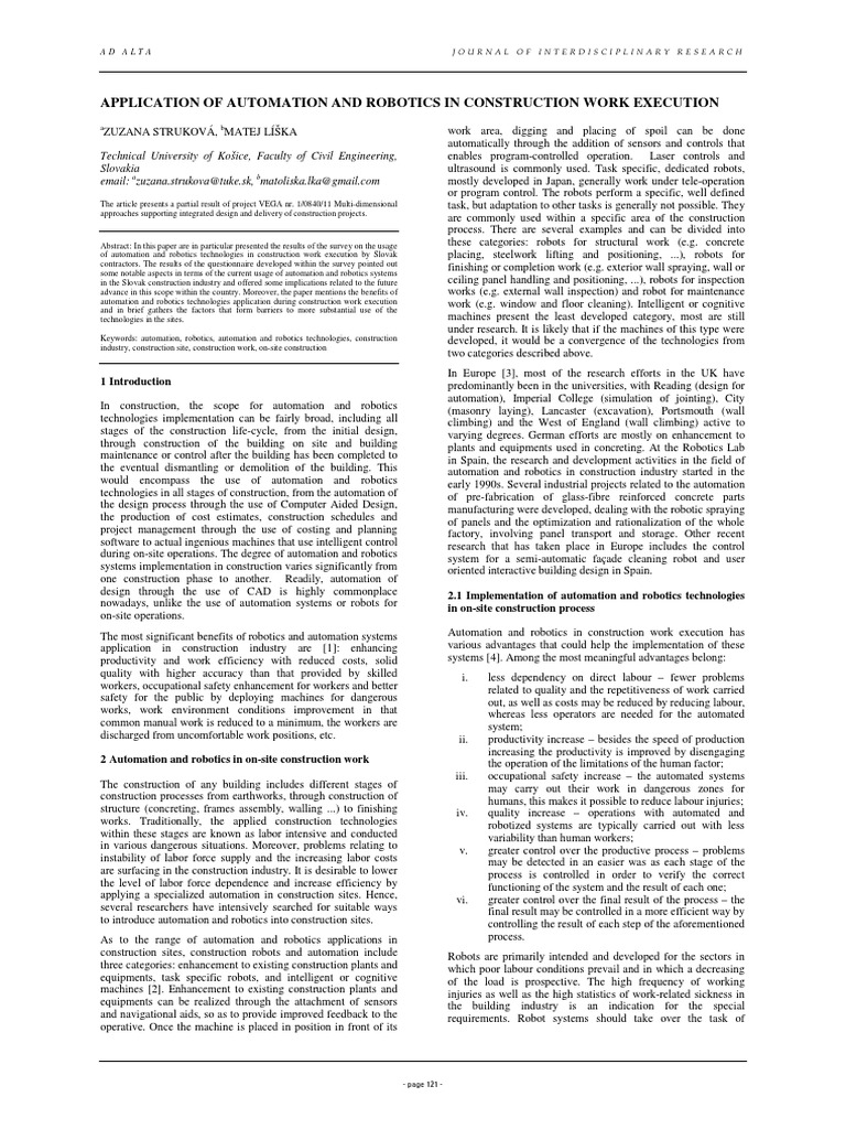 Application Of Automation And Robotics In Construction Work Execution