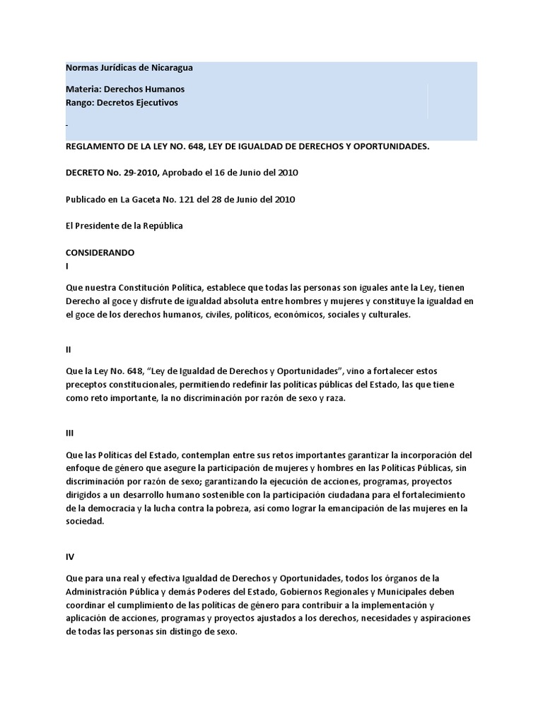 Reglamento Ley 648 Igualdad | PDF | Igualdad de género | Estudios de género
