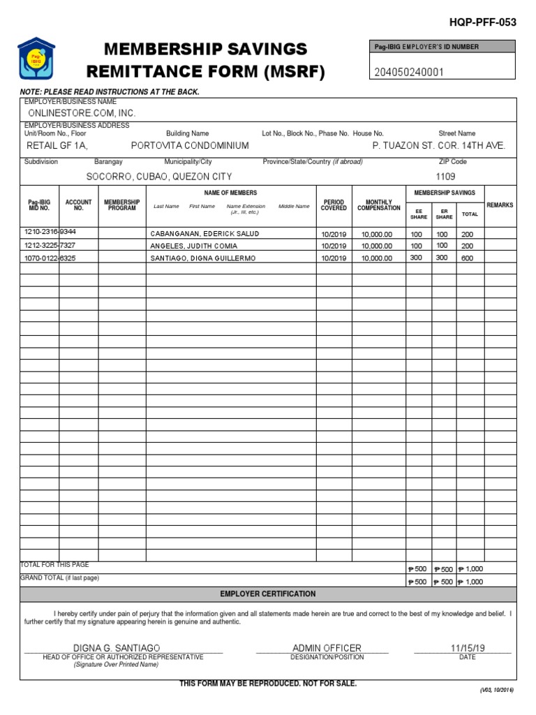 Membership Savings Remittance Form (MSRF) : HQP-PFF-053 | PDF ...
