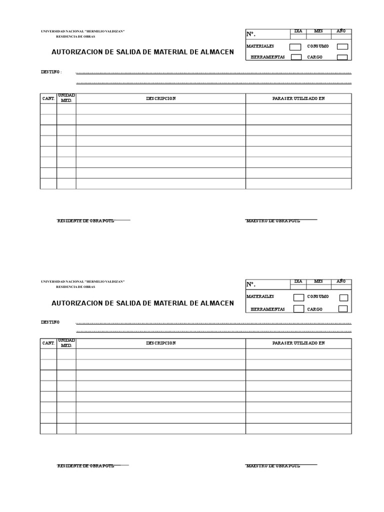 Orden de Salida Materiales | PDF