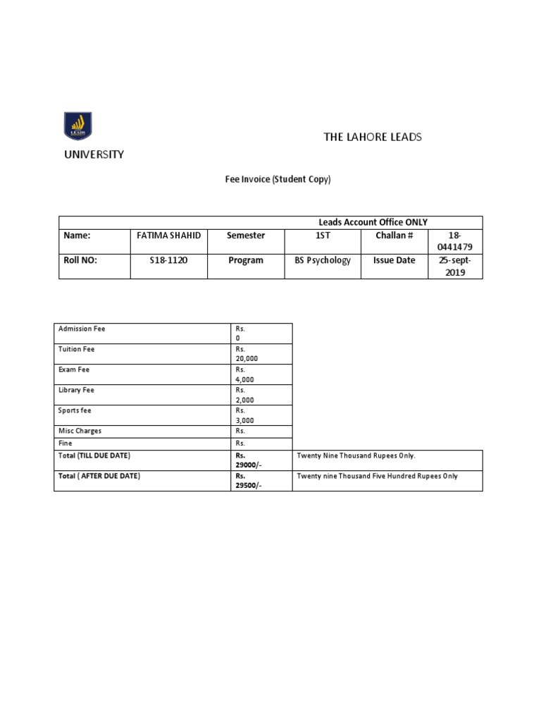 Lahore Leads University Fee Structure | PDF