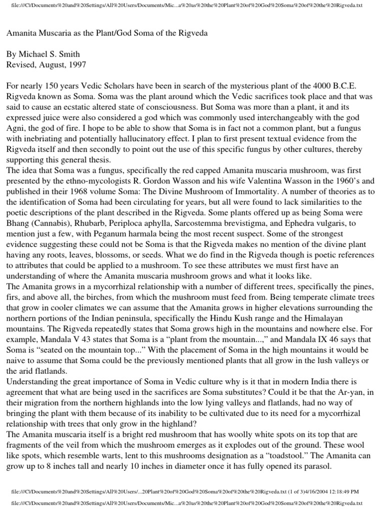 Psilocybin Amanita Muscaria As The Plant-God Soma of The Rigveda | PDF