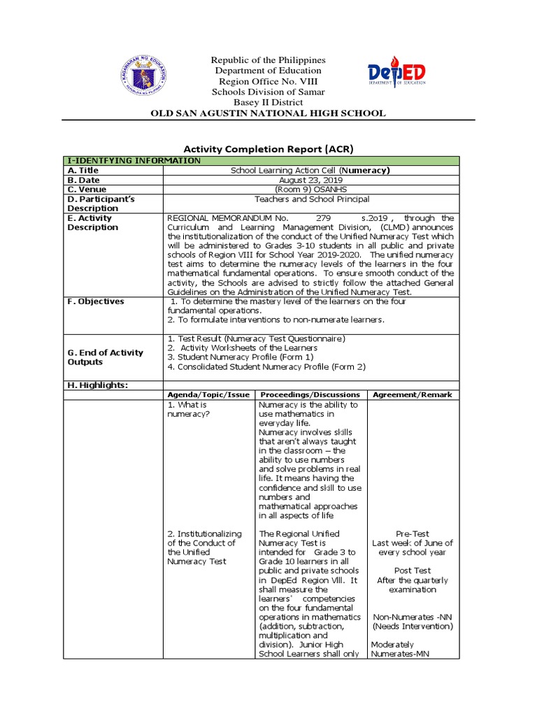 Activity Completion Report (ACR) : Old San Agustin National High School ...