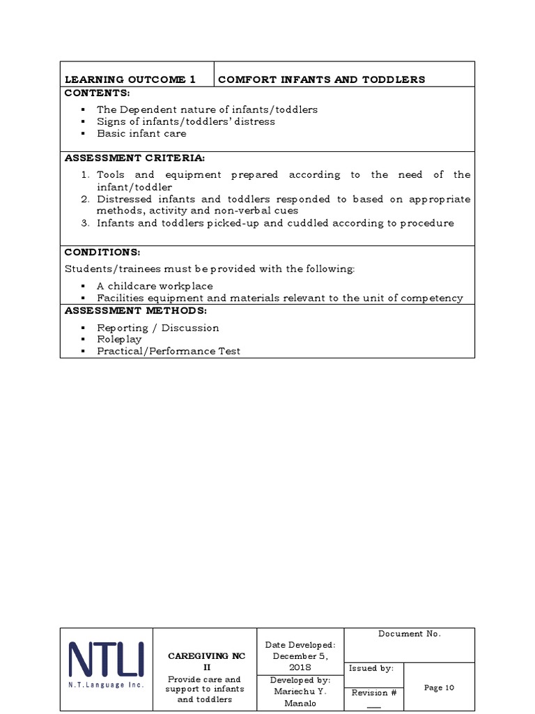 Learning Outcome 1 Comfort Infants and Toddlers Contents:: Date ...