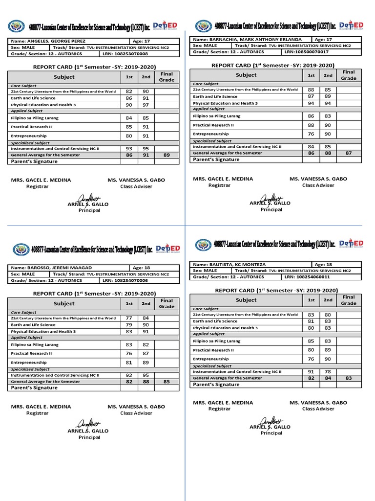 Report Card (1 Semester - SY: 2019-2020) Subject Report Card (1 ...