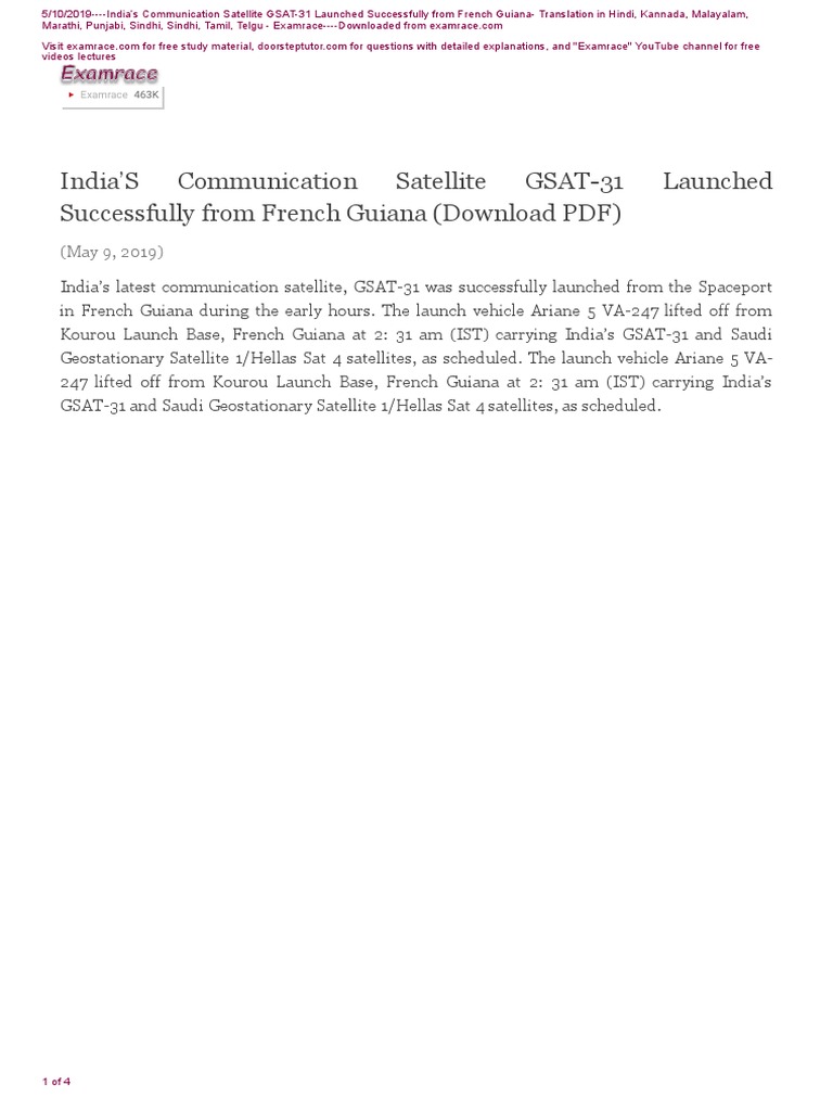 India'S Communication Satellite GSAT-31 Launched Successfully From French Guiana (Download PDF ...