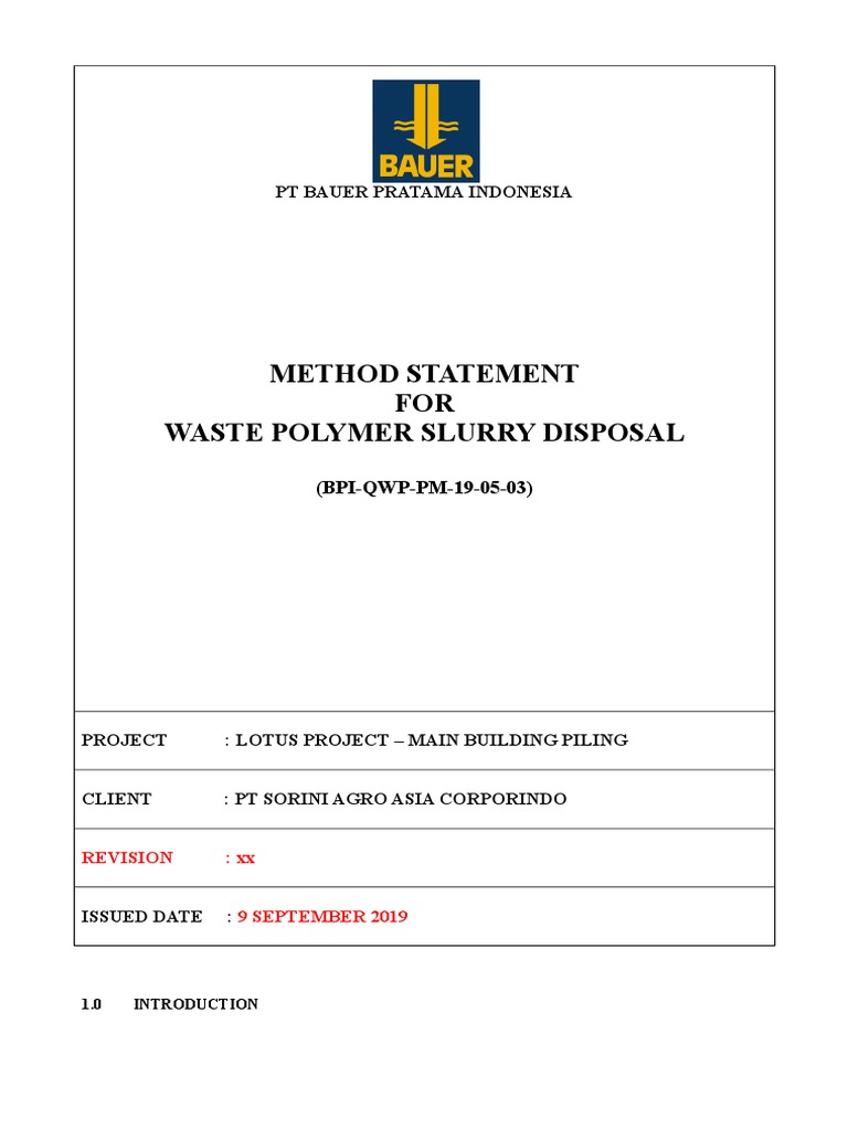 Method Statement FOR Waste Polymer Slurry Disposal: PT Bauer Pratama ...