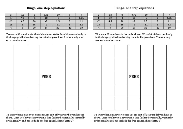 Bingo Cards One Step Equations | PDF