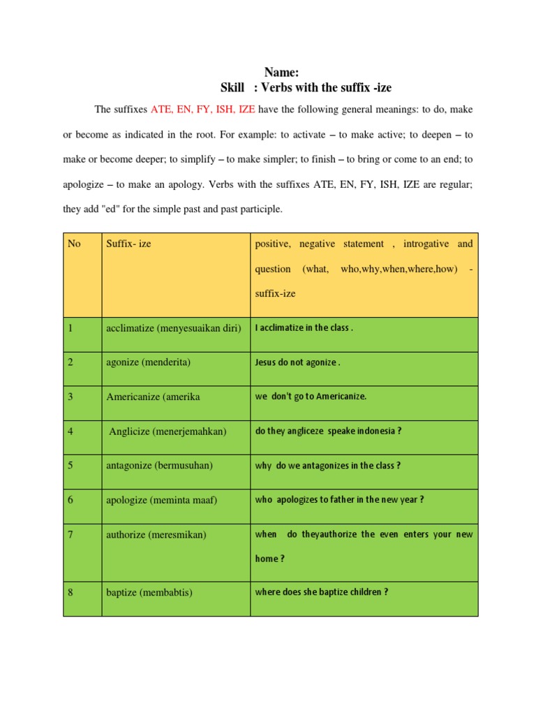 Name: Skill: Verbs With The Suffix - Ize: Ate, En, Fy, Ish, Ize | PDF ...
