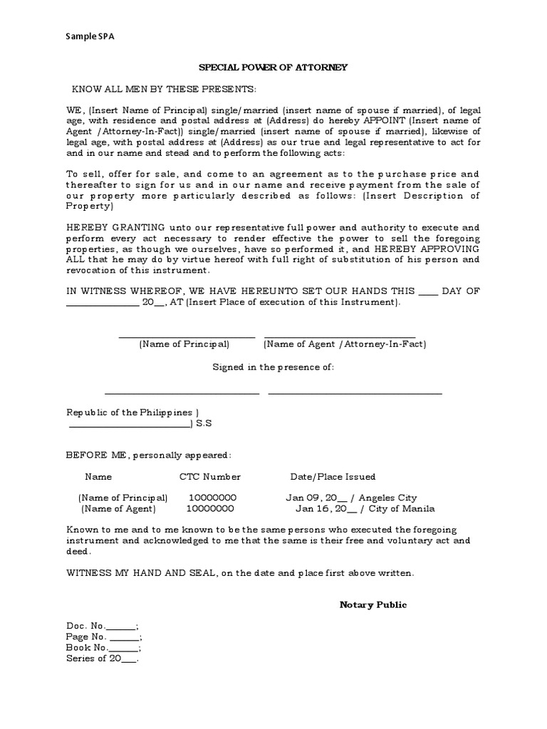 Sample SPA: Special Power of Attorney Know All Men by These Presents | PDF