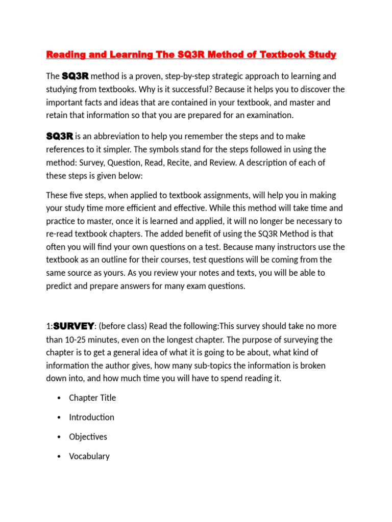 Reading and Learning The SQ3R Method of Textbook Study | PDF | Question ...