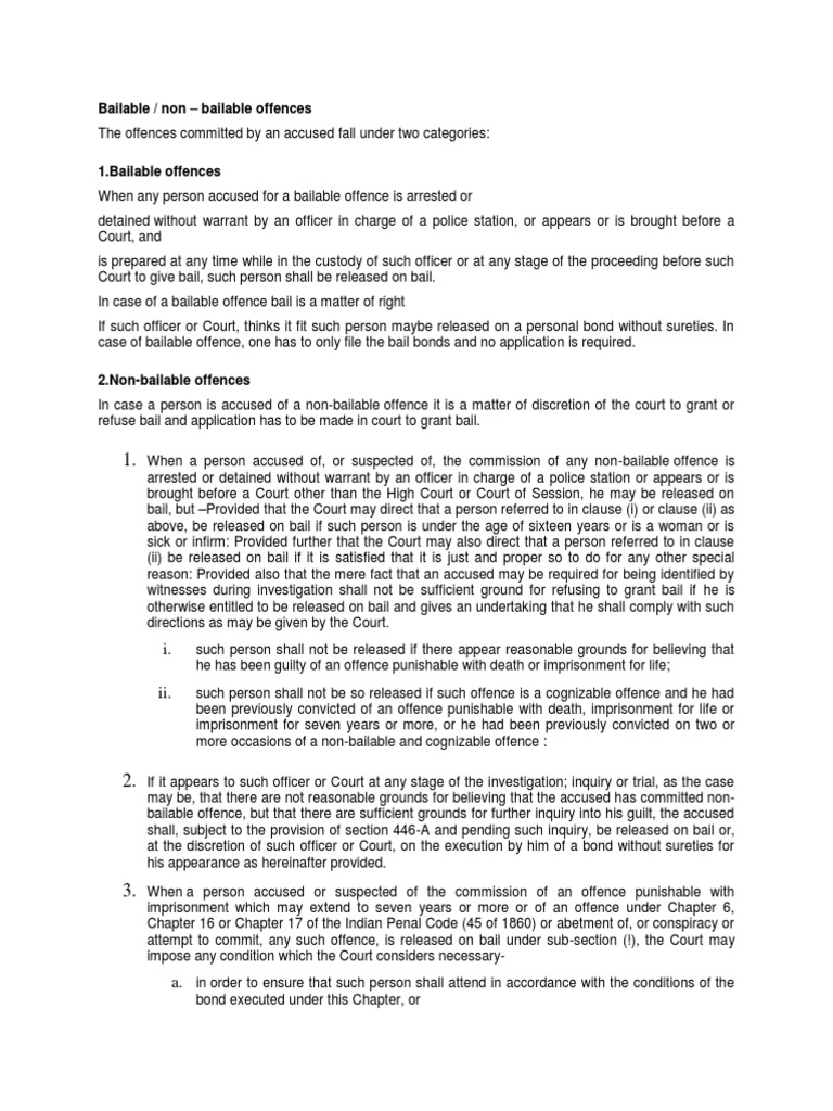 Bailable and Non Bailable Offence | PDF | Bail | Arrest